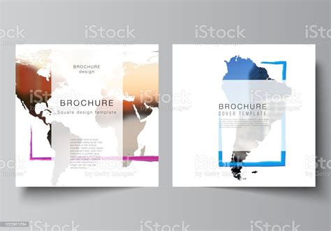 두 개의 정사각형 형식의 벡터 레이아웃은 브로셔 전단지 표지 디자인 책 디자인 브로셔 커버를위한 템플릿을 다룹니다 세계지도와 컬러 프레임의 형태로 템플릿을 디자인 사진을