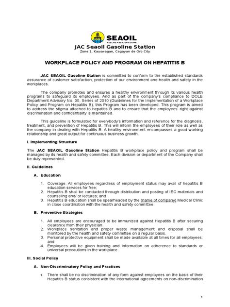 Work Policy On Hepatitis B Employment Occupational Safety And Health