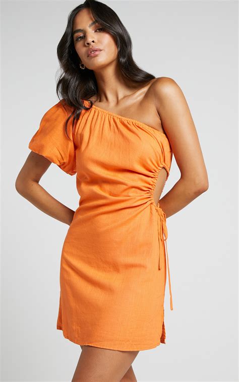 Alondra Mini Dress One Shoulder Puff Sleeve Tie Waist Dress In Orange Showpo Usa