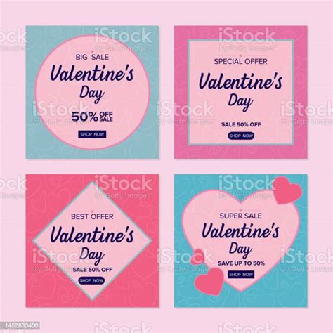 발렌타인 데이 Instagram 게시물 템플릿 세트는 원 사각형 마름모 및 심장의 네 가지 변형으로 배경에 하트가 있습니다 0명에 대한 스톡 벡터 아트 및 기타 이미지