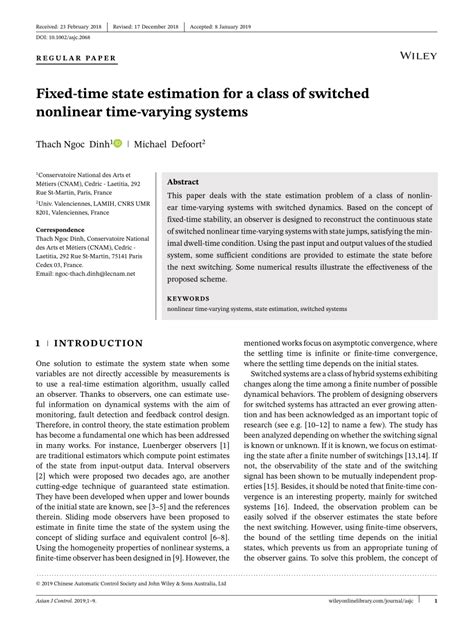 Pdf Fixed Time State Estimation For A Class Of Switched Nonlinear