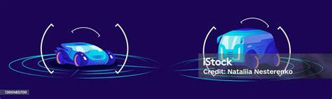 무인 자동차 플랫 컬러 벡터 일러스트 미래지향적인 자율 주행 운송 파란 배경에 자율 주행 차량 프레임 스마트 자동차 감지 시스템