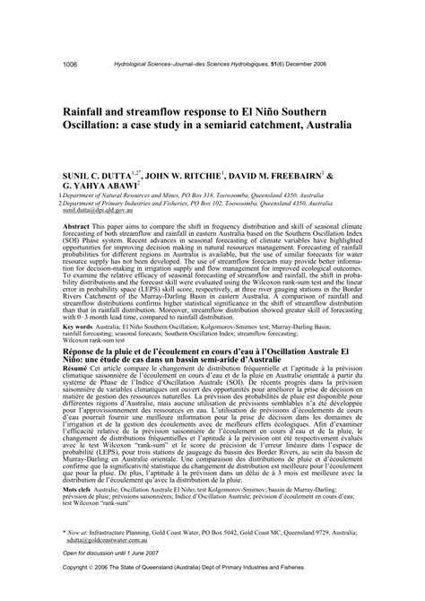 Pdf Enso Based Streamflow Forecasting And Its Application To Water Allocation And Cropping