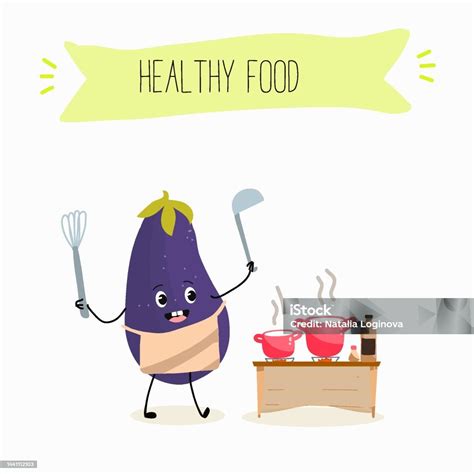 재미있는 만화 캐릭터 가지 요리 요리 건강 식품 주방 재료 아이 티셔츠 디자인의 벡터 일러스트 레이 션 가을에 대한 스톡 벡터 아트 및 기타 이미지 Istock
