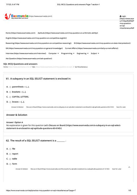 Sql Mcq Questions And Answers Page 7 Section 1 Login Exam Url
