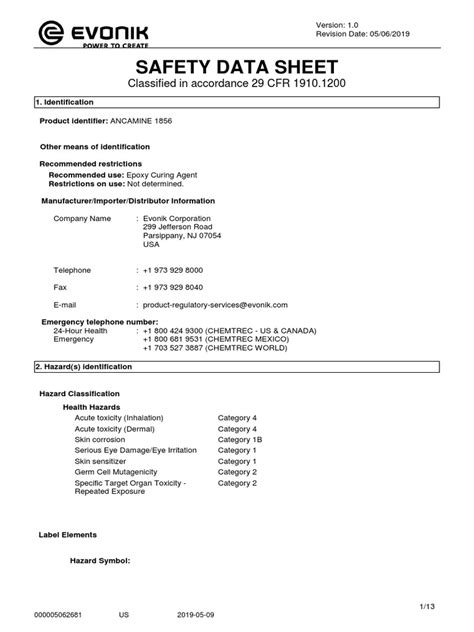 Evonik Ancamine 1856 Sds Pdf Personal Protective Equipment