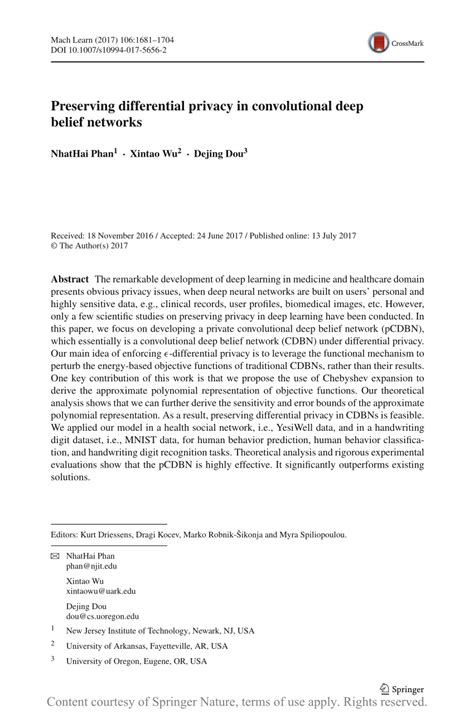 Preserving Differential Privacy In Convolutional Deep Belief Networks Machine Learning Journal