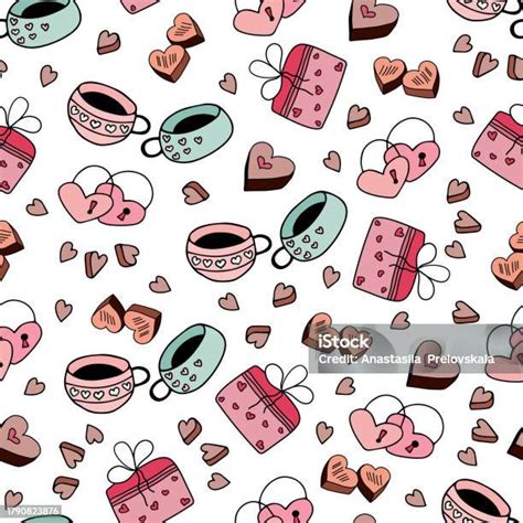 손으로 그린 귀여운 두 개의 커피 또는 찻잔 하트 모양 패턴 선물 상자 초콜릿 사탕 흰색 배경에 열쇠 구멍 완벽 한 패턴이있는