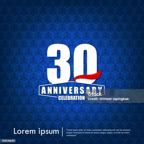 30 주년 기념 헝겊 파란색 배경에 빨간색 리본으로 격리 된 흰색 기념일 로고입니다 웹 전단지 포스터 인사말 및 초대 카드를위한 벡터 일러스트 템플릿 디자인 30th