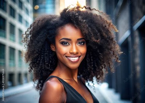 Stunning Black Female Model Poses Confidently Flaunting Radiant Skin Luscious Curls And
