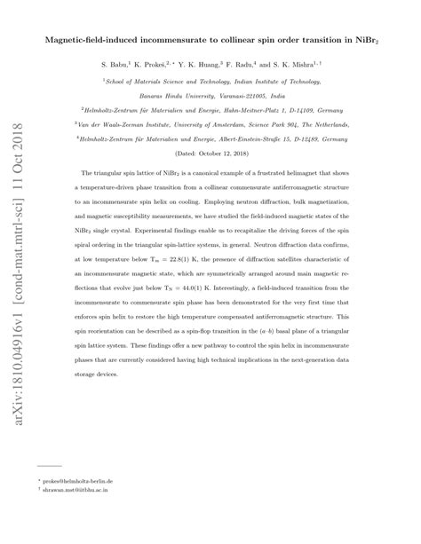 Pdf Magnetic Field Induced Incommensurate To Collinear Spin Order Transition In Nibr 2