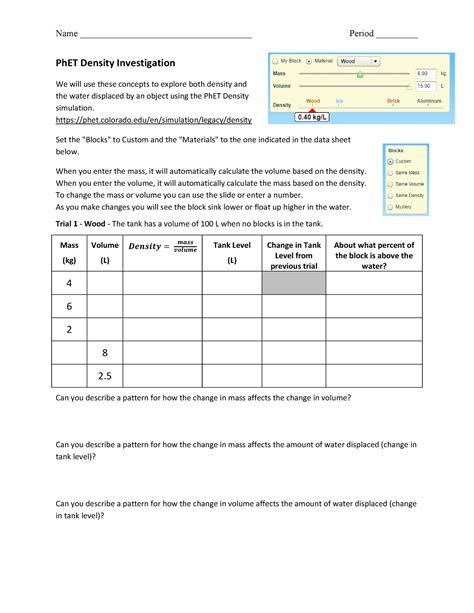 Density Lab Lab Phet Density Investigation We Will Use These Concepts To Explore Both
