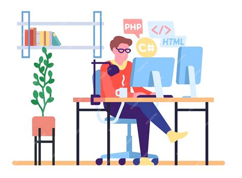 Premium Vector Freelance Programmer Working On His Project From Home