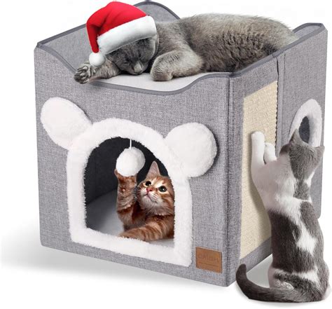 Catism Cat Beds For Indoor Cats Foldable Large Cat House With Scratch Pad And