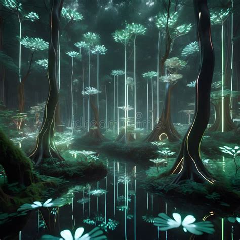 Bioluminescent Forest At Night With Reflective Water Stock Image