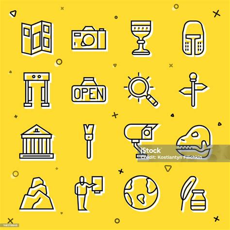 세트 라인 깃털과 잉크병 공룡 두개골 도로 교통 표지판 중세 잔 열린 상태로 매달려 있음 금속 탐지기 박물관 안내 브로셔 및 돋보기 아이콘 벡터 건축에 대한 스톡 벡터 아트