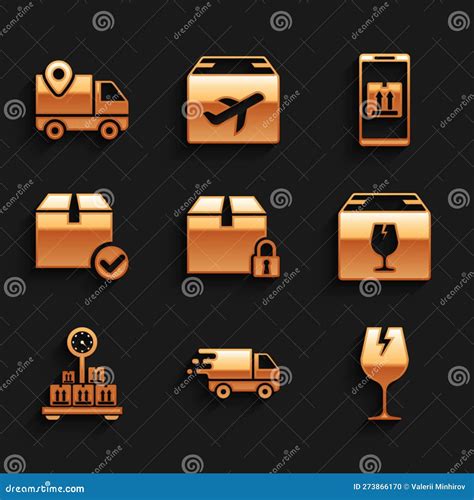 Set Locked Package Delivery Truck In Movement Fragile Broken Glass Box With Fragile Content