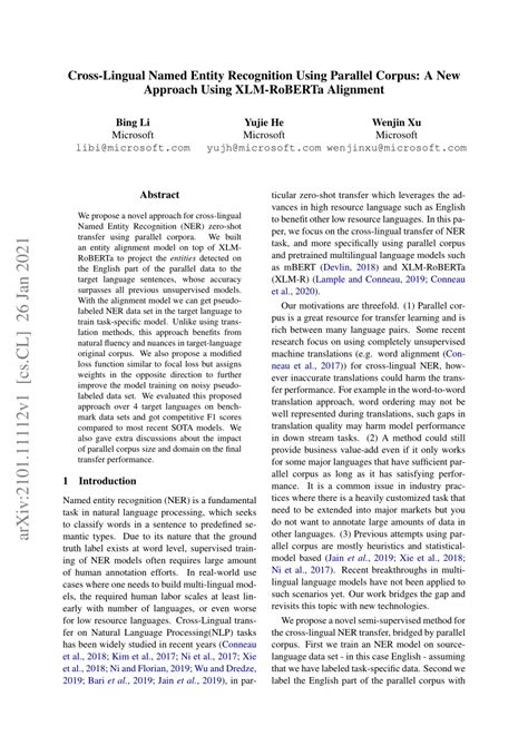 Pdf Cross Lingual Named Entity Recognition Using Parallel Corpus A New Approach Using Xlm