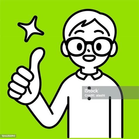 뿔테가 달린 안경을 쓴 공부에 열중하는 소년이 똑바로 서서 엄지손가락을 치켜세우고 시청자를 바라보며 미니멀한 스타일 흑백 윤곽선 감탄에 대한 스톡 벡터 아트 및 기타 이미지