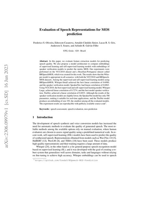 Pdf Evaluation Of Speech Representations For Mos Prediction