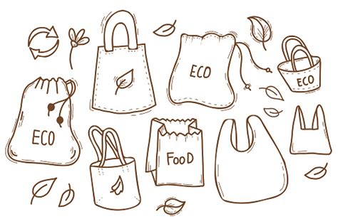 생태 개념 플라스틱 및 유기물 없음 식료품을 위한 친절한 천연 에코 백과 종이 봉투 세트 벡터 그림입니다 흰색 배경에 격리 된