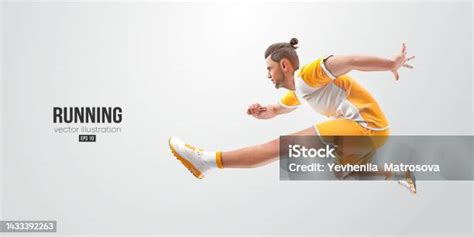 흰색 배경에 달리기 선수의 현실적인 실루엣 주자 남자는 스프린트 또는 마라톤을 달리고 있습니다 벡터 일러스트 레이 션 3차원 형태에 대한 스톡 벡터 아트 및 기타 이미지