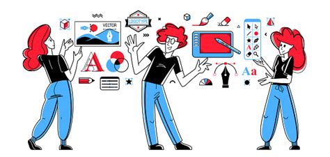 그래픽 디자이너 팀은 컴퓨터 소프트웨어를 사용하여 창의적인 작업을 하고 디지털 비주얼 아티스트는 프로젝트 벡터 개요 일러스트레이션 구성 및 편집을 작업합니다 그리기에 대한