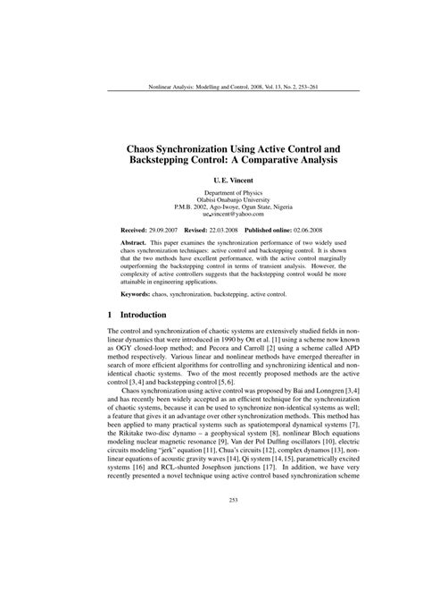 Pdf Chaos Synchronization Using Active Control And Backstepping