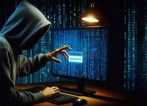 A Hacker In A Hooded Sweatshirt Grabs The Word Password On A Computer A Hacker In A Hooded Sweatshirt Grabs The Word Password On A Computer
