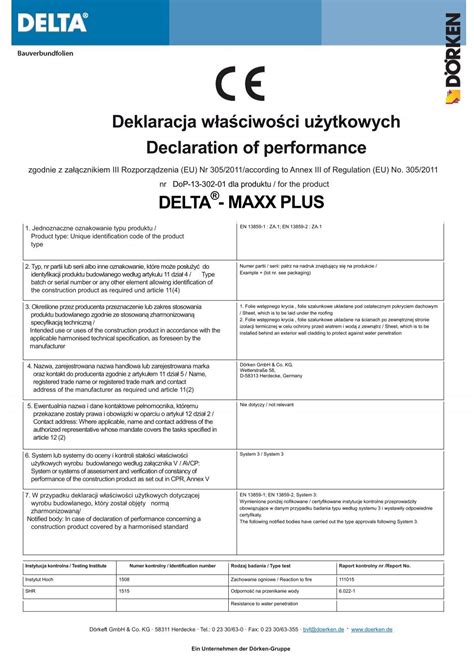 Deklaracja właściwości użytkowych Declaration of performance