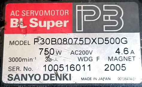 Sanyo Denki Bl Super P3 750w 075kw P30b08075dxd500g Ac Servo Motor