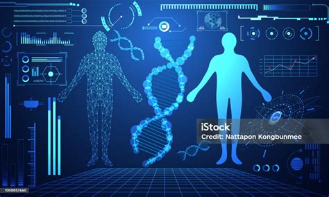 추상적인 기술 Ui 미래 개념 인간의 디지털 Dna의 건강 관리 디지털 데이터 차트 커뮤니케이션 혁신의 Hud 인터페이스