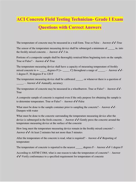 Aci Concrete Field Testing Technician Grade I Exam Questions With Correct Answers Aci