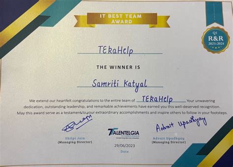 Samriti Katyal On Linkedin Best Team Award Talentelgia Success