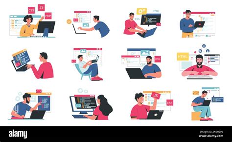 Front End And Back End Development Abstract Characters Working On