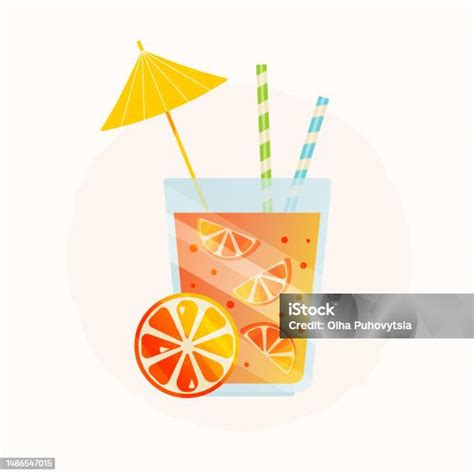 오렌지 조각 튜브 및 칵테일 용 우산과 함께 유리에 오렌지 주스 카드 전단지 배너에 대한 고립된 여름 삽화 0명에 대한 스톡