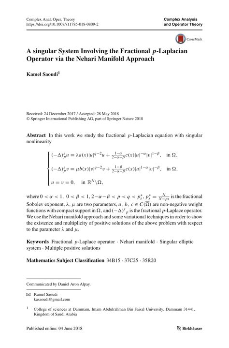 Pdf A Singular System Involving The Fractional P Laplacian Operator Via The Nehari Manifold