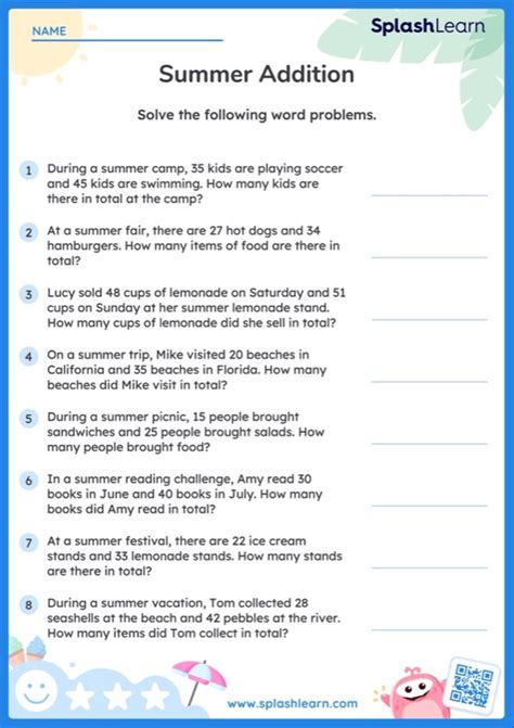 Add Within 100 Summer Word Problems Worksheet