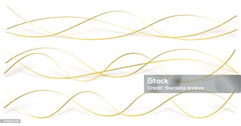3d 물결 모양의 금색 선이 흰색 배경에 휩쓸립니다 럭셔리한 아름다움은 얇은 곡선 시냇물 흐름 패턴으로 소용돌이칩니다 실크 섬유 또는 Fablic 반짝이는 장식과 같은