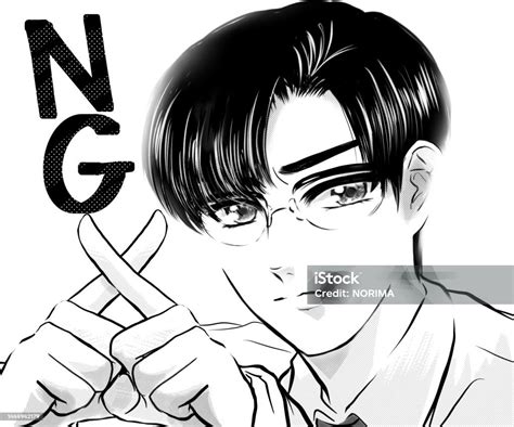 Shoujo 만화 스타일의 삽화는 손가락과 경고와 흰색 배경으로 Cross 기호를 만드는 안경을 쓴 잘 생긴 검은 머리 의사입니다 형벌에 대한 스톡 벡터 아트 및 기타