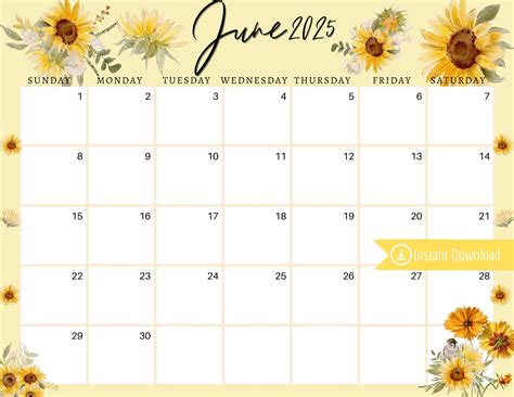 Sunflower June 2025 Calendar Calendar Printable