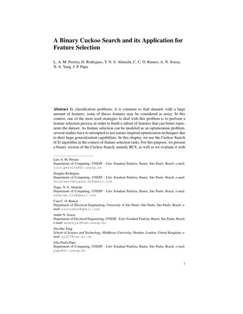 Pdf A Binary Cuckoo Search And Its Application For Feature Selection