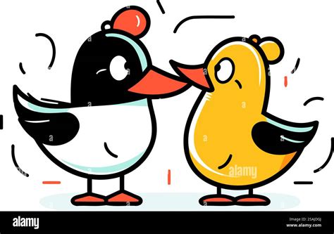 Cute Couple Of Funny Ducks Vector Illustration In Line Style Stock