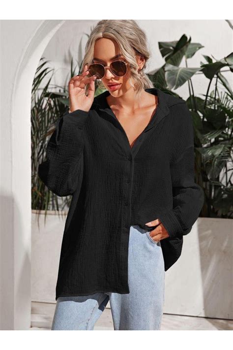 Anseco Studİo Kadın Siyah Oversize Bürümcük Kumaş Gömlekfiyatı