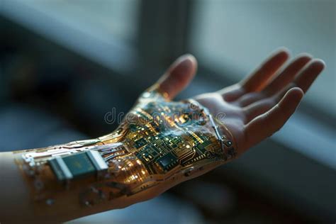 Human Arm With Cybernetic Implants Showcasing Nanotechnology Integration With Computer Board In