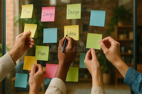 Business Team Brainstorming With Sticky Notes On Glass In Office Stock Illustration