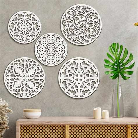 Wonderjune 5 Pcs Rustic Wall Medallion Decor Floral Carved Wood Wall Decor Farmhouse