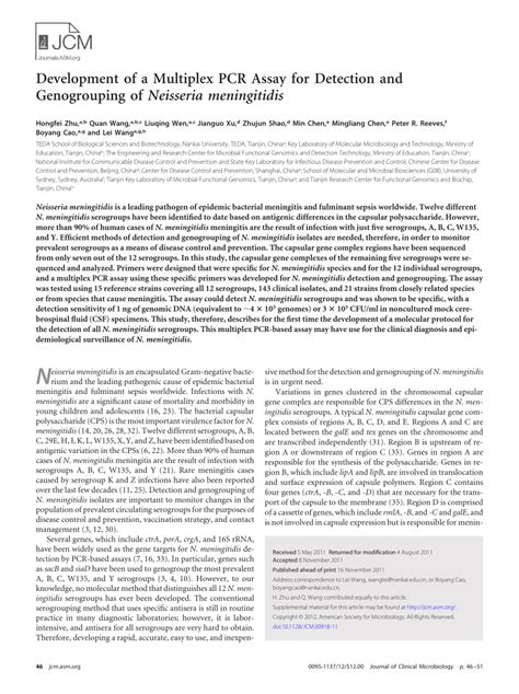 Pdf Development Of A Multiplex Pcr Assay For Detection And Genogrouping Of Neisseria Meningitidis