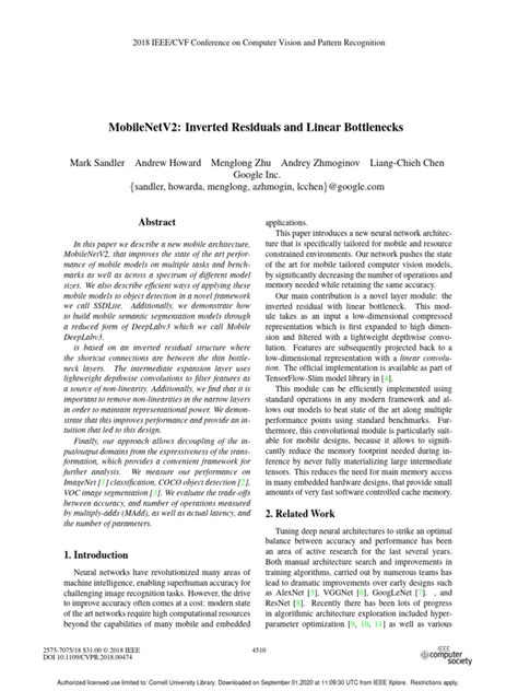 Mobilenetv2 Inverted Residuals And Linear Bottlenecks Pdf Artificial Neural Network