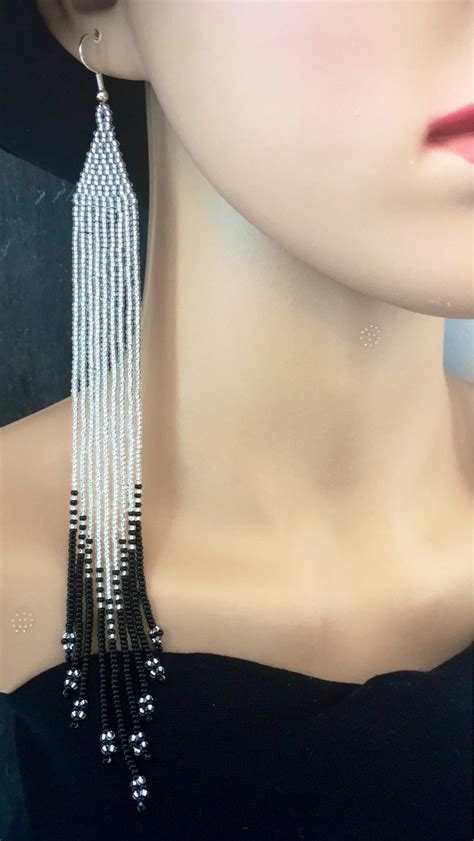 Long Ombré Beaded Earrings Silver Black Native American Seed Bead